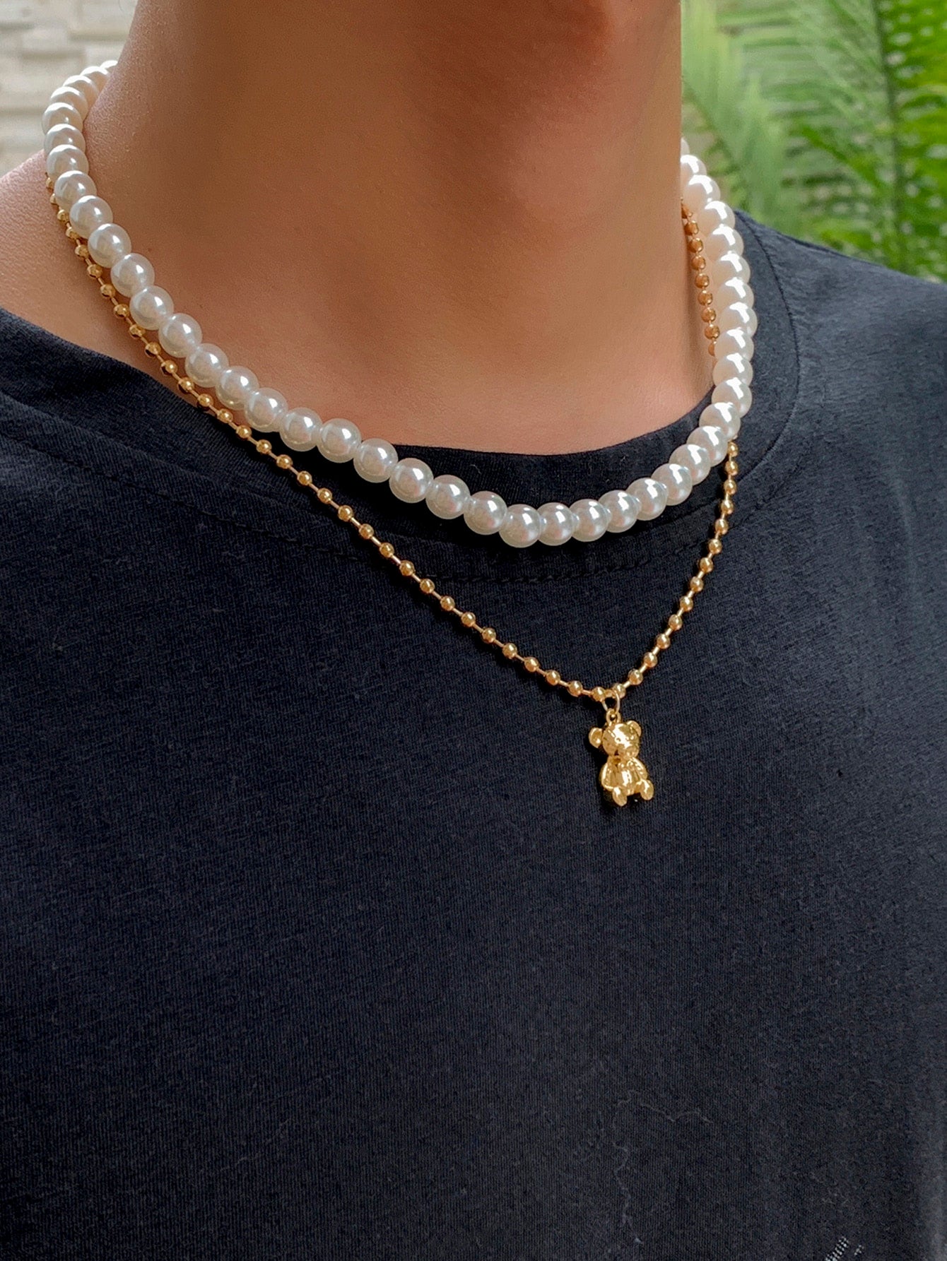 Men Bear Charm Faux Pearl Beaded Layered Necklace theshejewelry